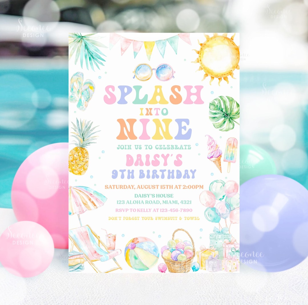 Editable Splash Into Nine 9th Birthday Pool Party Invitation Summer ...