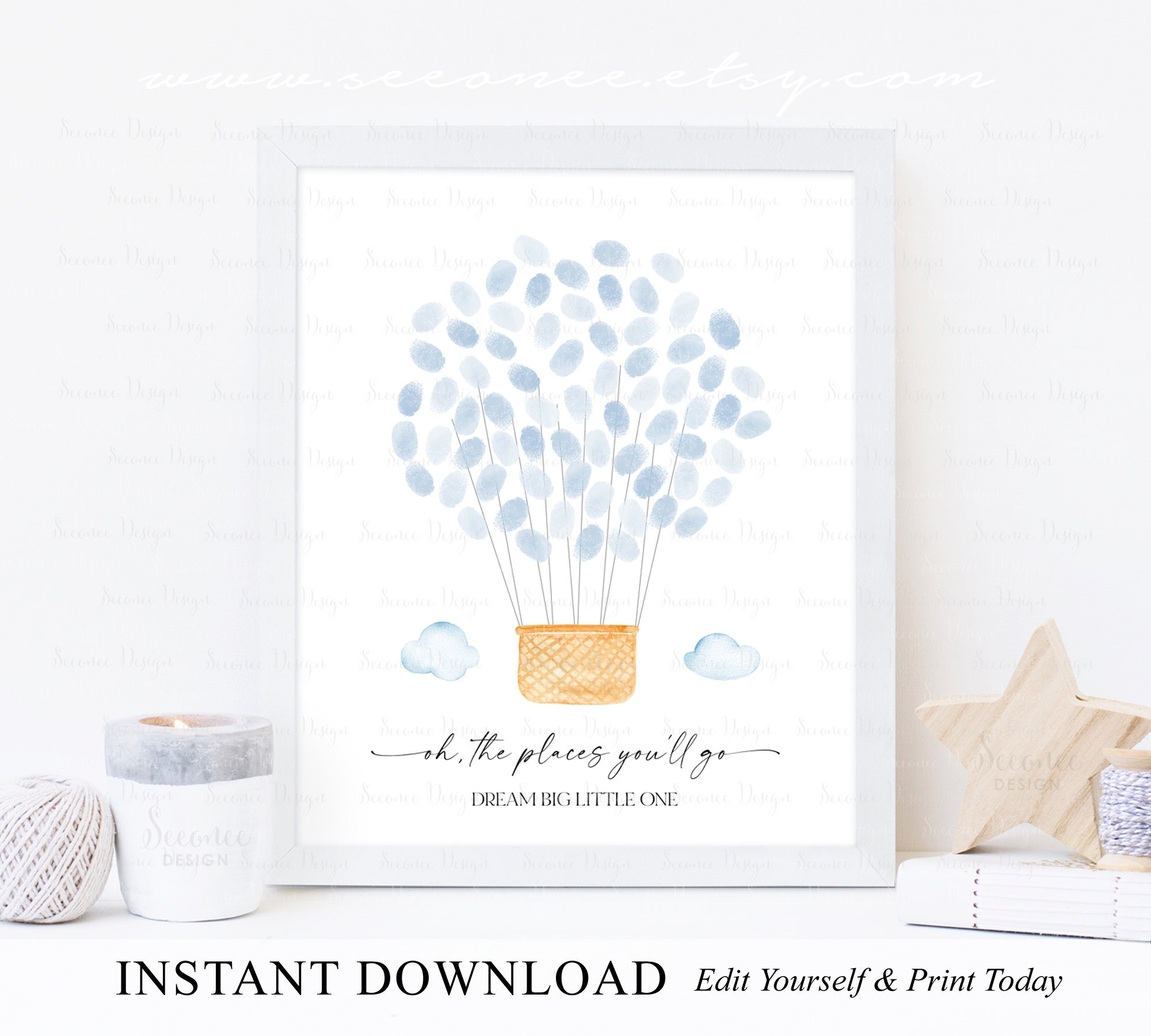 Editable Hot Air Balloon Party Fingerprint Guestbook Sign, Oh the ...