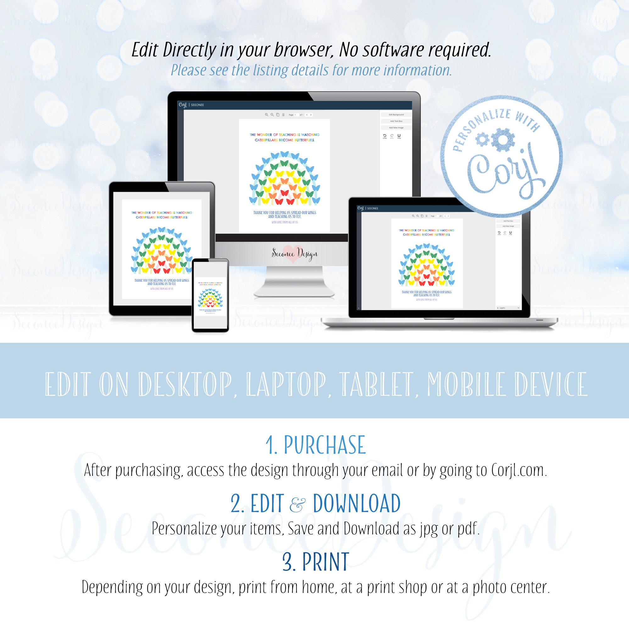 INSTANT DOWNLOAD Editable Rainbow Butterfly Teacher Gift, Personalised ...