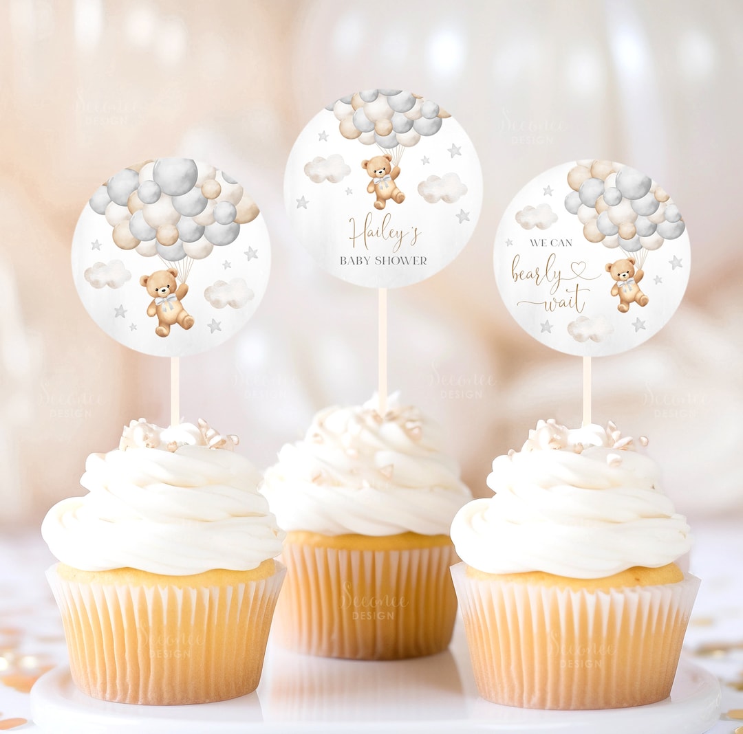 Editable Gender Neutral Bear Balloons Baby Shower Cupcake Topper Decor ...
