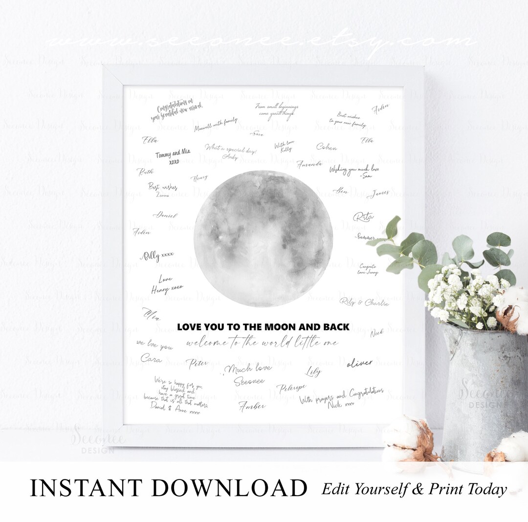 Editable Moon Themed Gender Neutral Baby Shower Guestbook Poster Sign ...