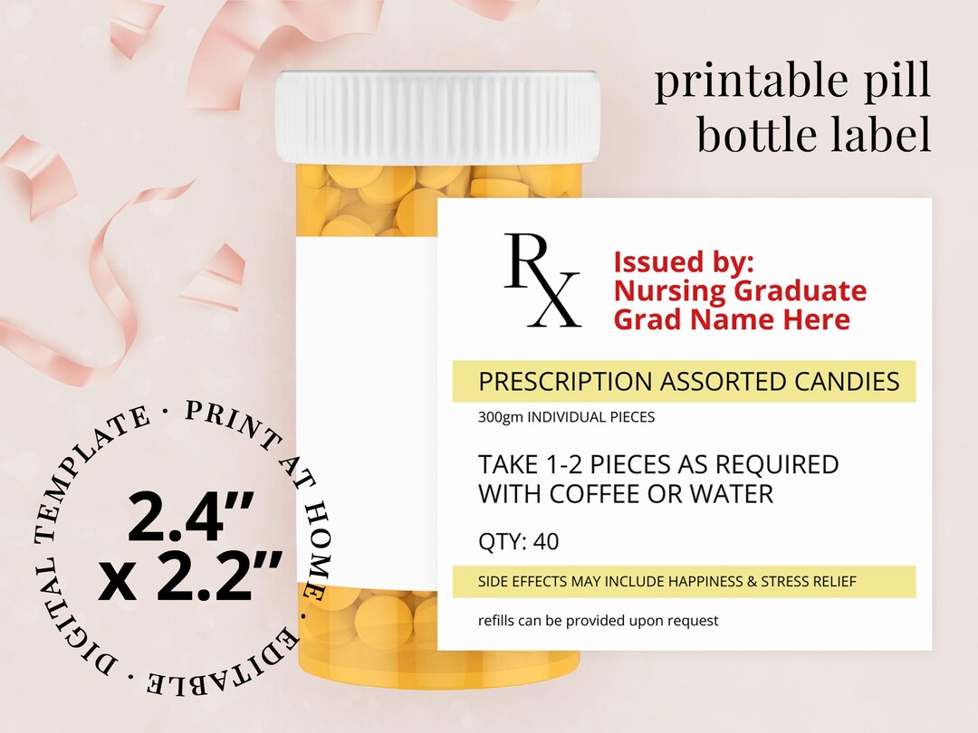 Nursing Graduate Pill Bottle Label Novelty Fun Printable Rx Prescription Label or Sticker ...