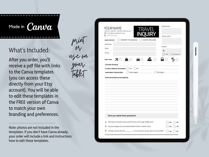 Travel Agent Intake and Quote Forms, Instant Download, Editable ...