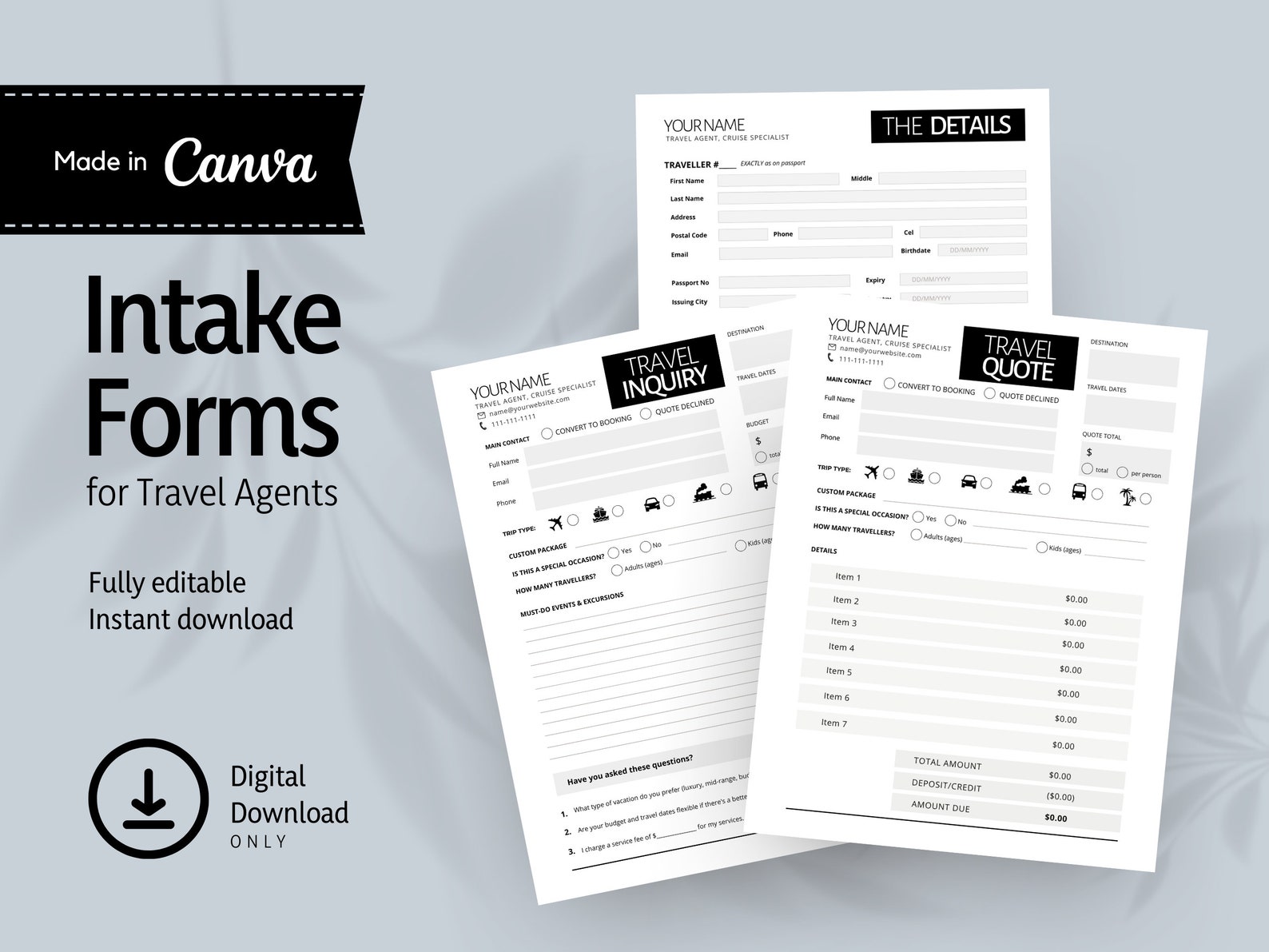 Travel Agent Intake and Quote Forms, Instant Download, Editable ...