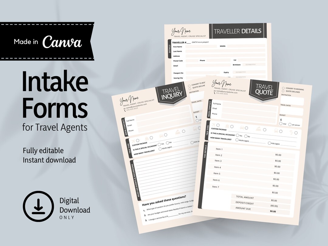 Intake and Quote Forms for Travel Agents Editable, Instant Download ...