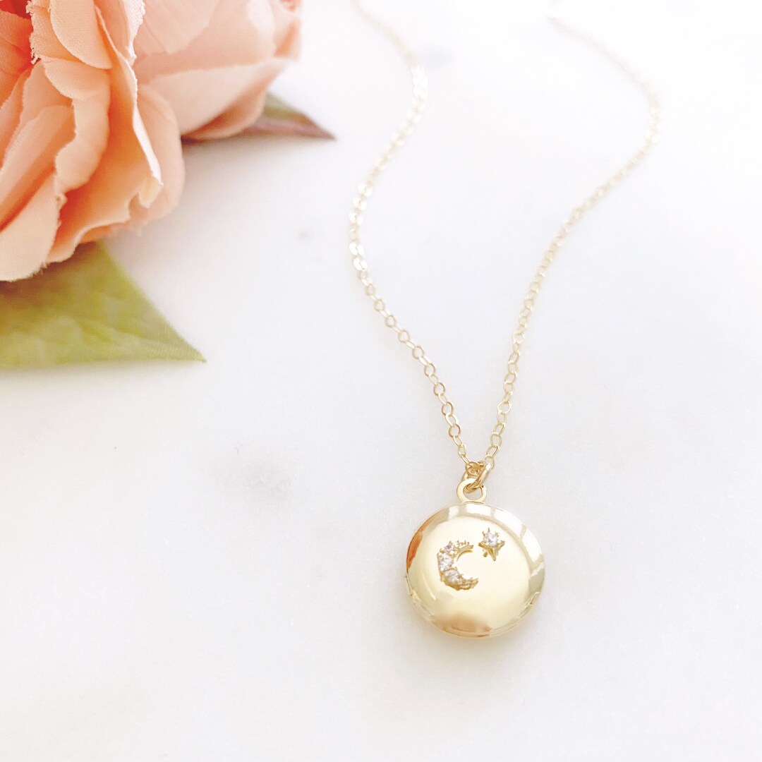 Star and Moon Necklace, Gold Locket Necklace, Locket Necklace for Photo ...