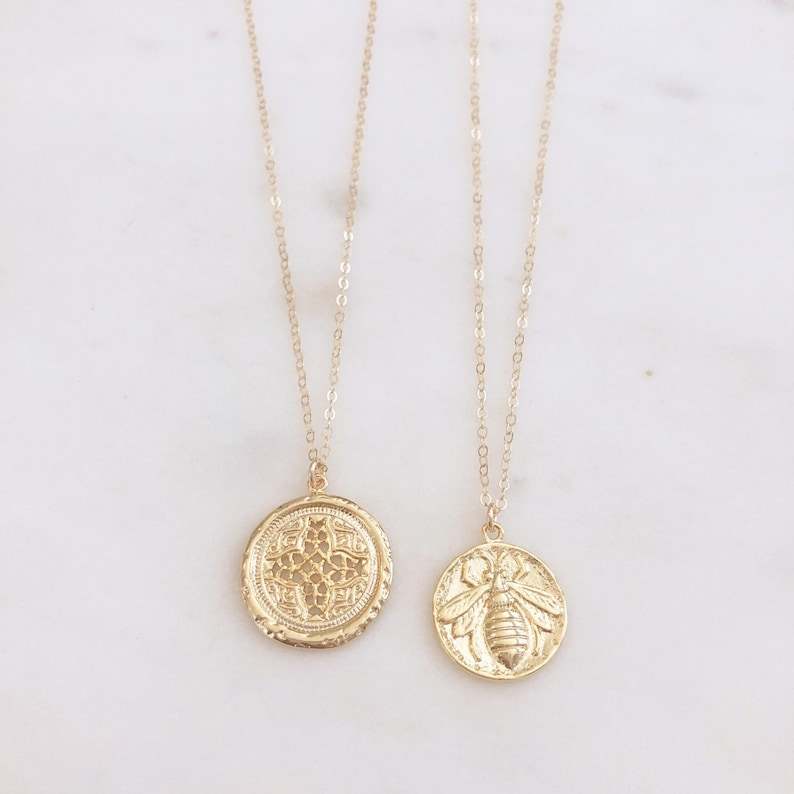 Bee Necklace Gold Coin Necklace Medallion Necklace Gold - Etsy