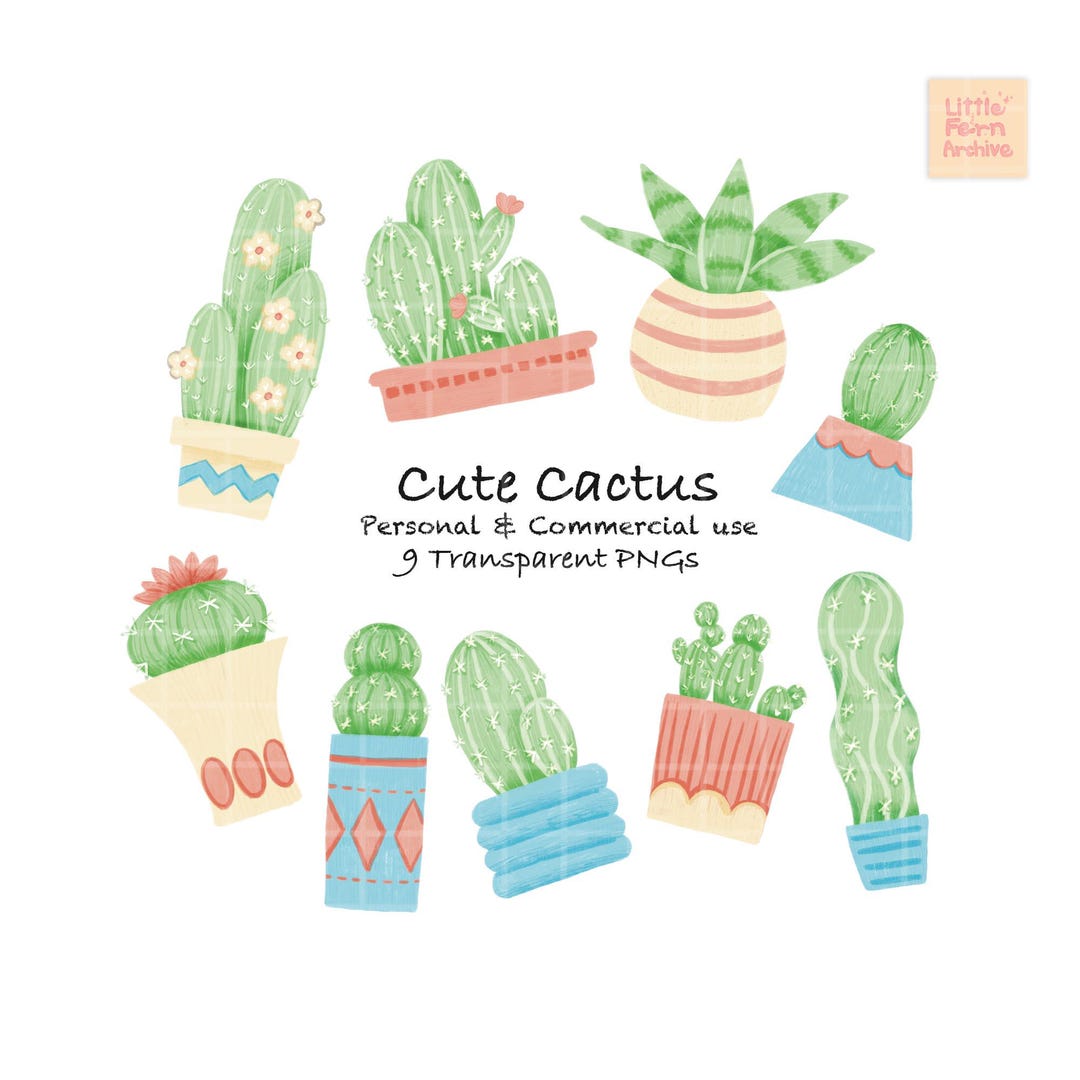 Hand Drawn Cactus Clipart Set, Kawaii Style PNG/ Digital Stickers ...
