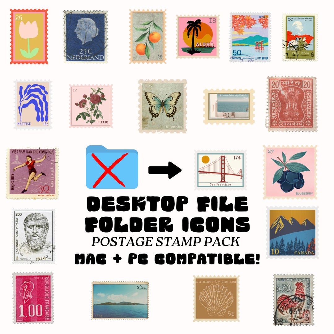 Postage Stamp Desktop Folder Icons, Mac & PC, Aesthetic Organizer ...