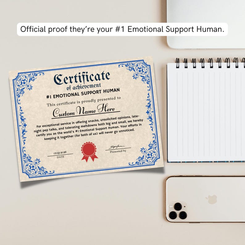 Funny Emotional Support Human Award: Gag Gift Certificate (editable ...