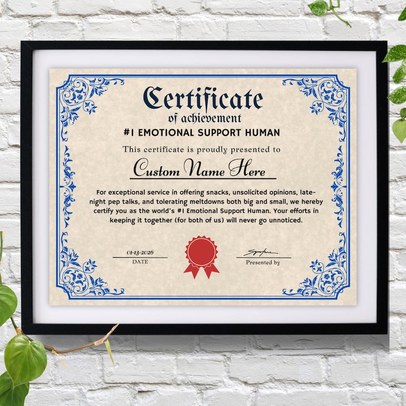 Funny Emotional Support Human Award: Gag Gift Certificate (editable ...