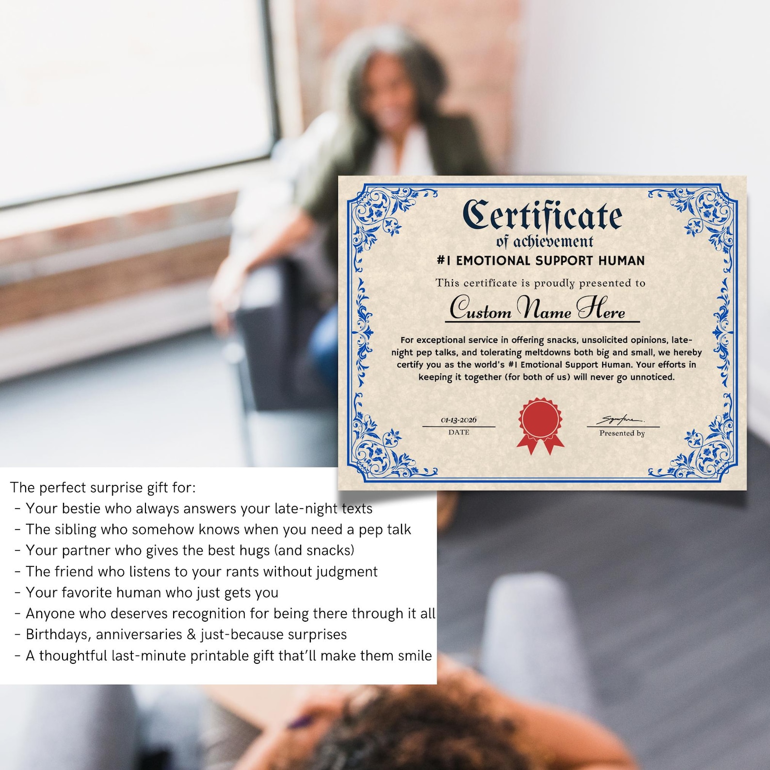 Funny Emotional Support Human Award: Gag Gift Certificate (editable ...