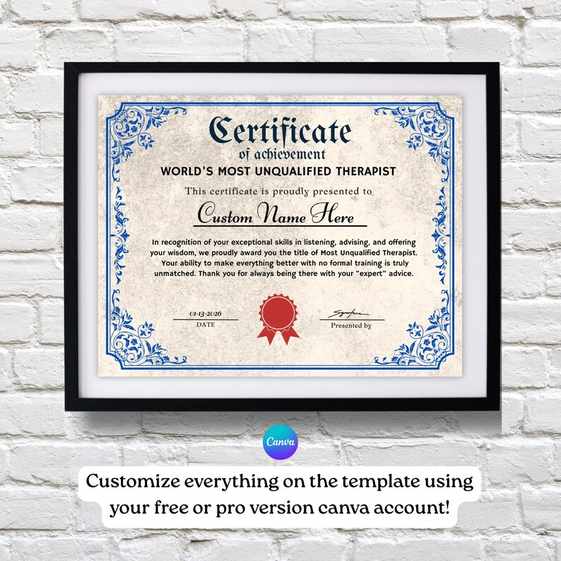 Funny Gag Certificate: World’s Most Unqualified Therapist (editable ...