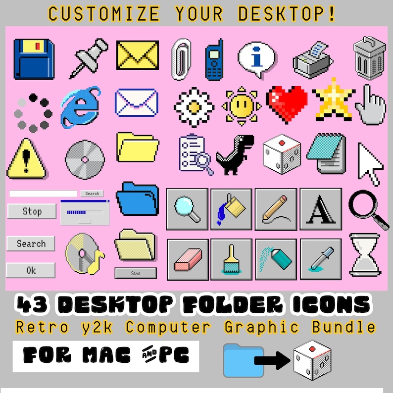 Y2K Computer Icons: Retro Pixel Art Desktop Folders (ICO, PNG Digital ...