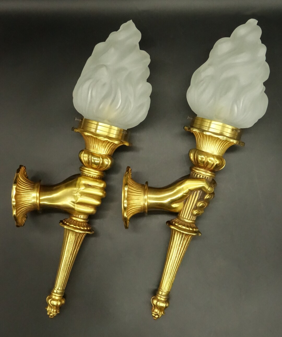 Large Pair of Sconces Torches, Hands Decor, Louis XVI Style - Bronze ...