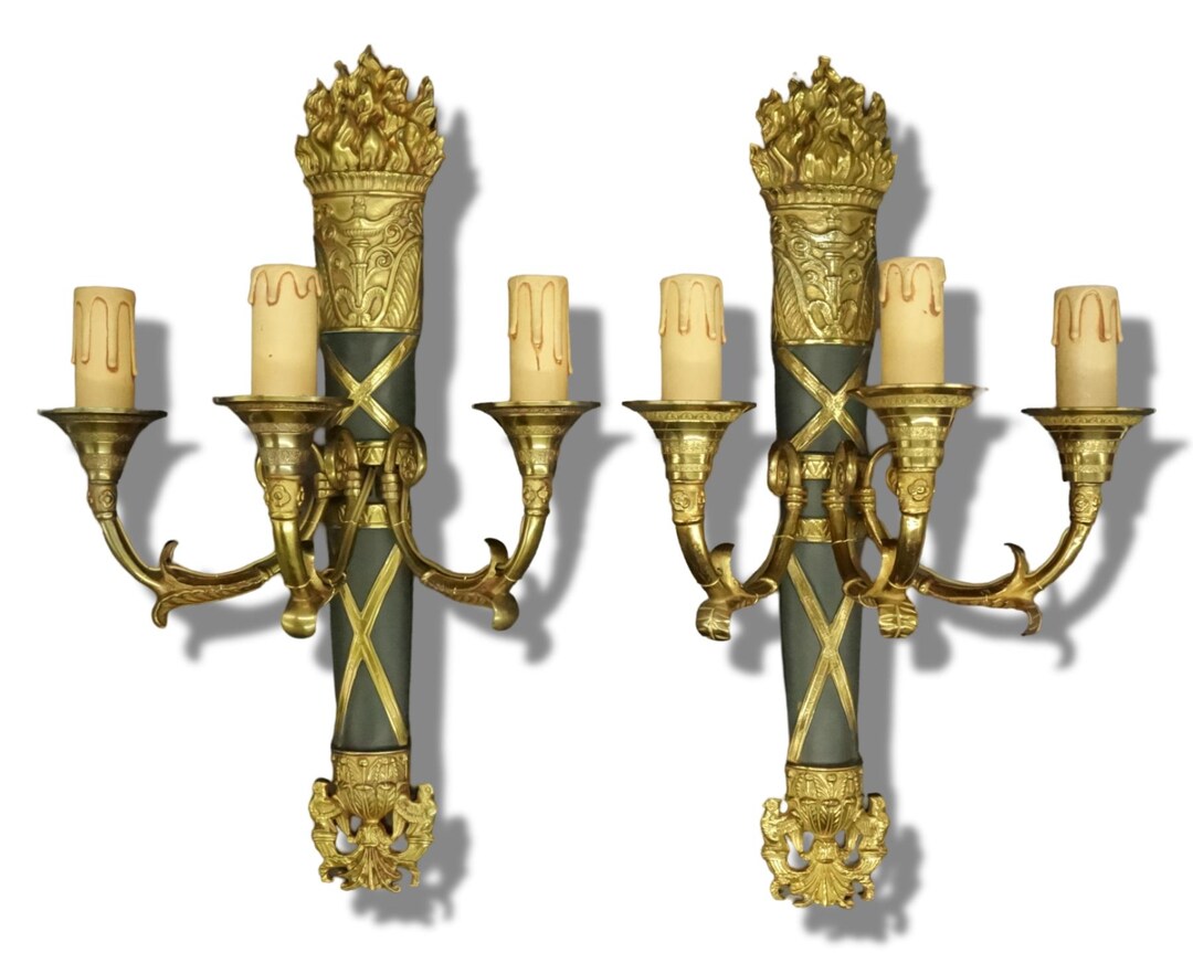 Large Pair of Sconces 3 Lights Empire Style Torch, Owl, Oil Lamp Decor ...