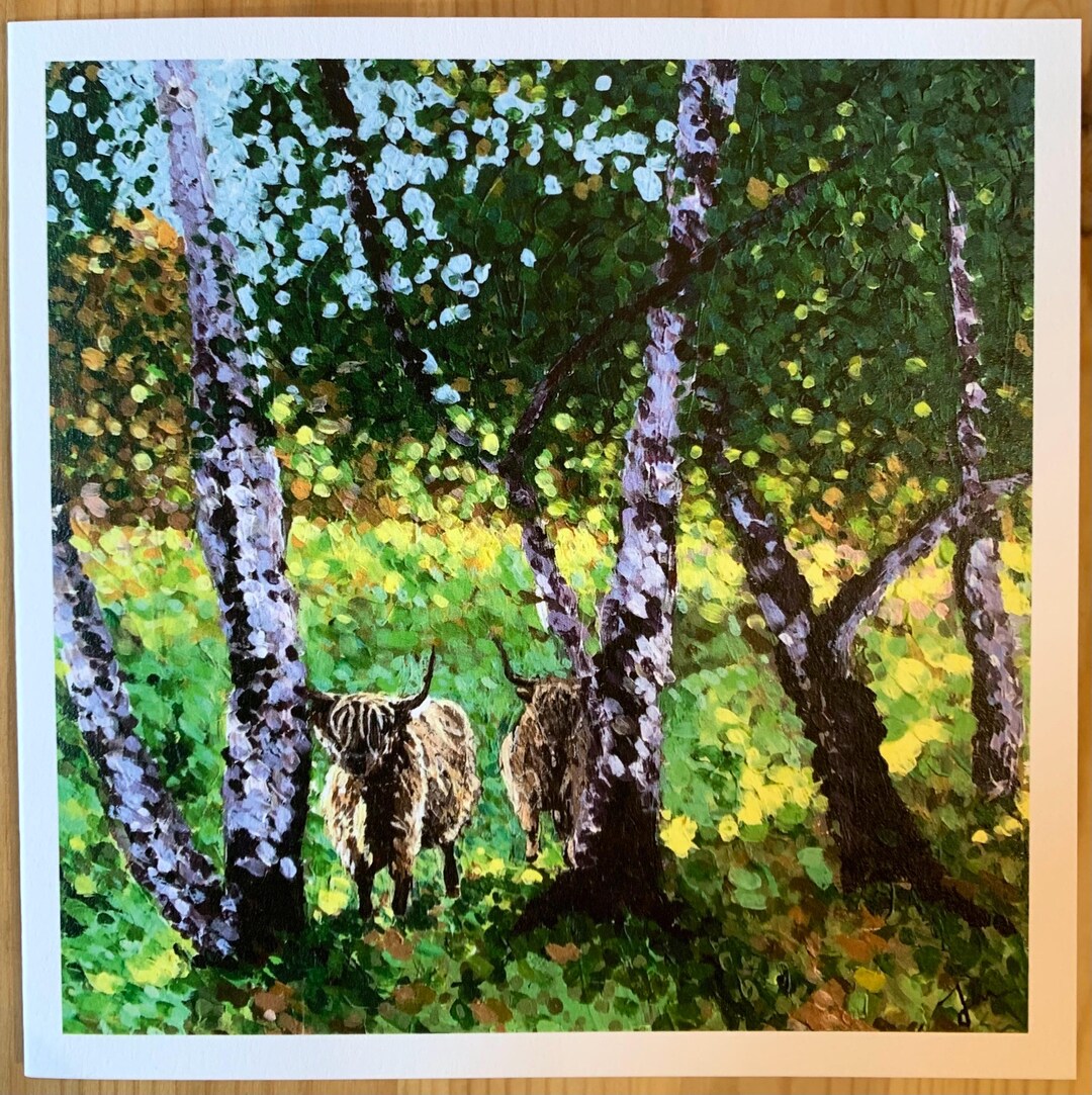 125mm Square Small Greeting Birthday Card. Highland Cows and Birch ...