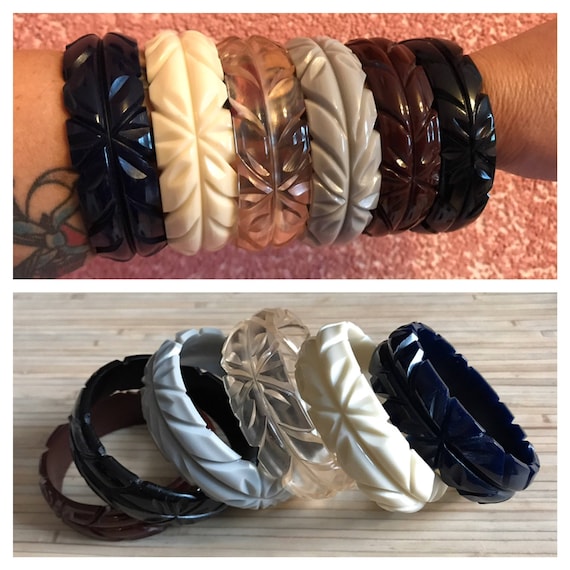 Vintage inspired bangles 40s 50s Bakelite style carved | Etsy