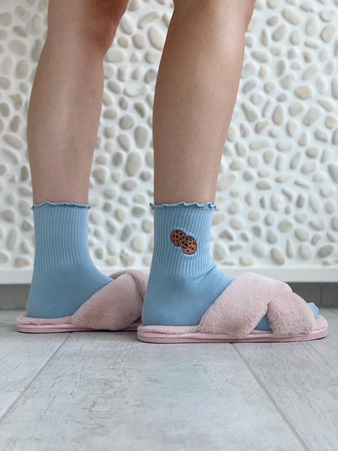Embroidered Cookie Monster Pale Blue Frill Ankle Socks, Trendy, Cute ...