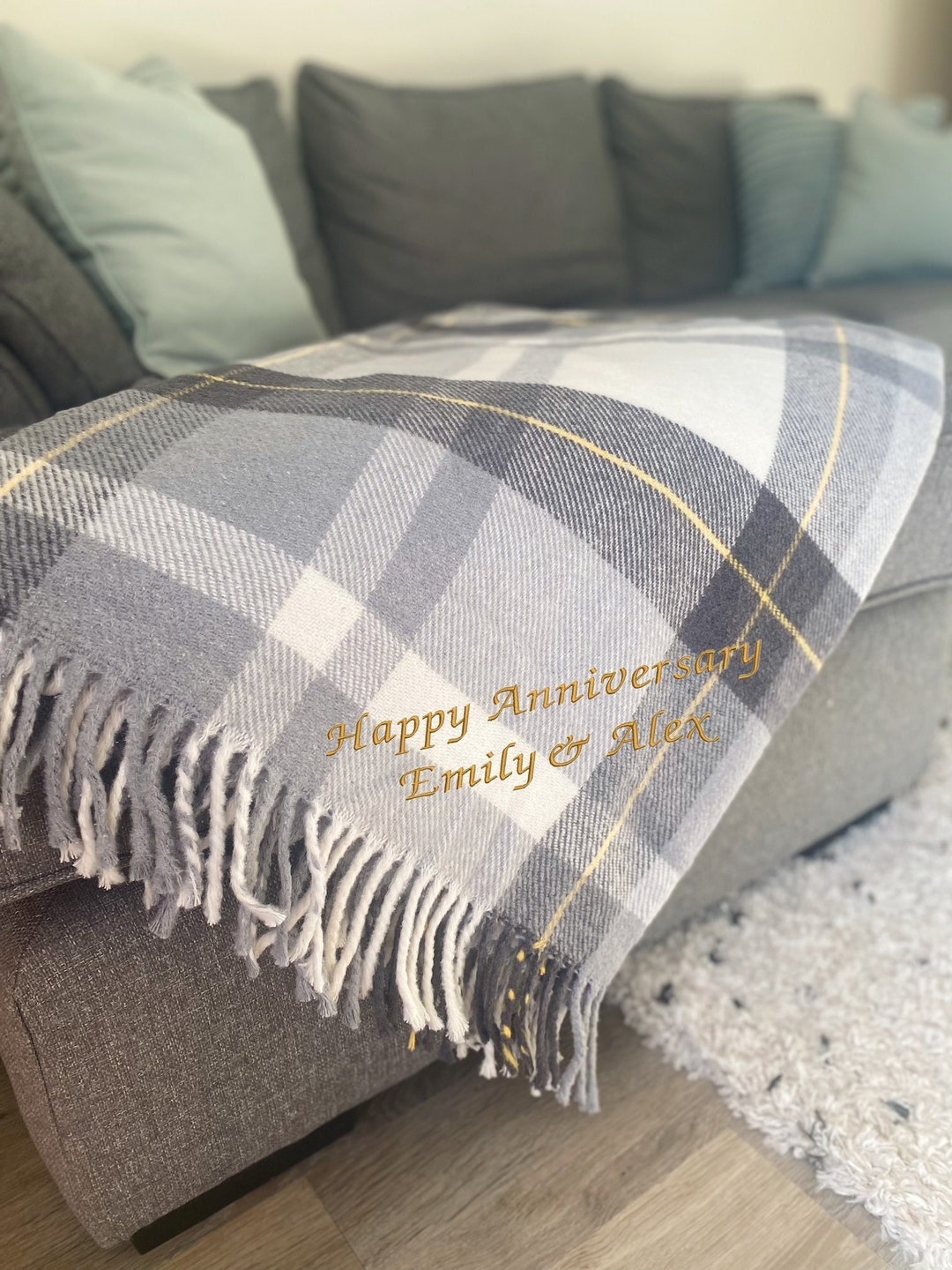 Light Grey & Yellow Tartan Cotton Throw Blanket, Personalised Camping ...