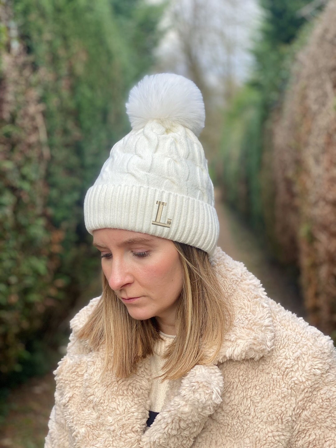Personalised Cable Knit Bobble Hat With Soft Fluffy Lining & Faux Fur ...