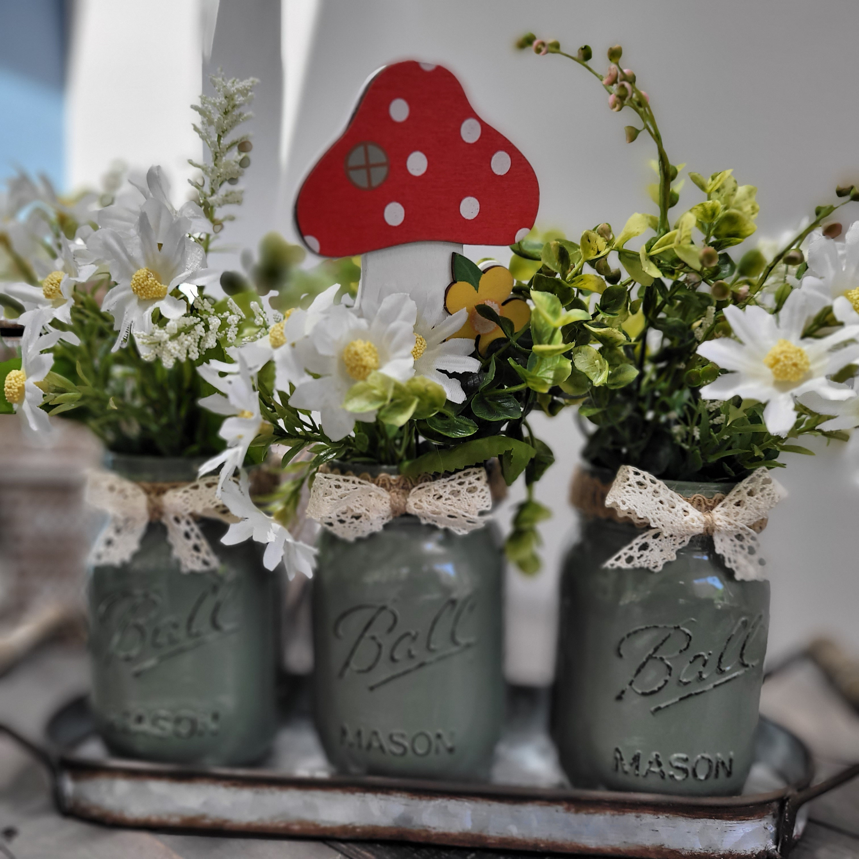 Mason Jar Centerpiece, Summer Mushroom Decor, Kitchen/porch/coffee ...
