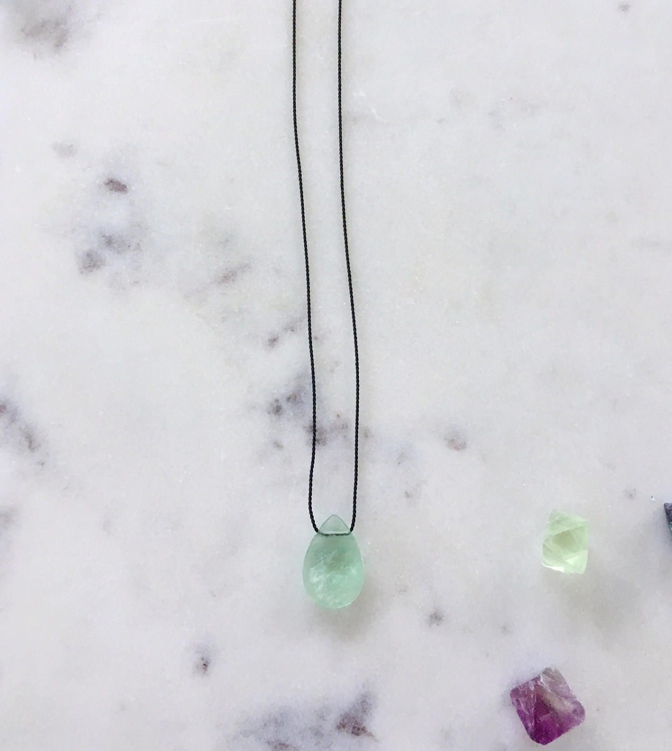 FLUORITE Gem Drop Healing Necklace w/Faceted Teardrop Bead on Silk Cord ...