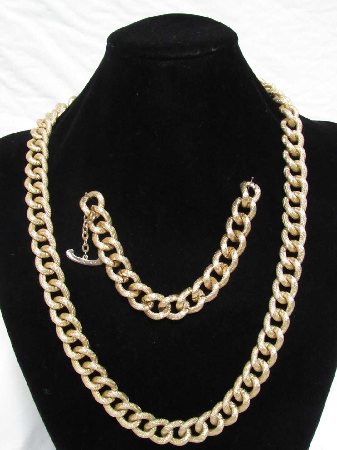 Vintage Gold Tone Mesh Large Loop Chain 24" Necklace & 7" Bracelet Set ...