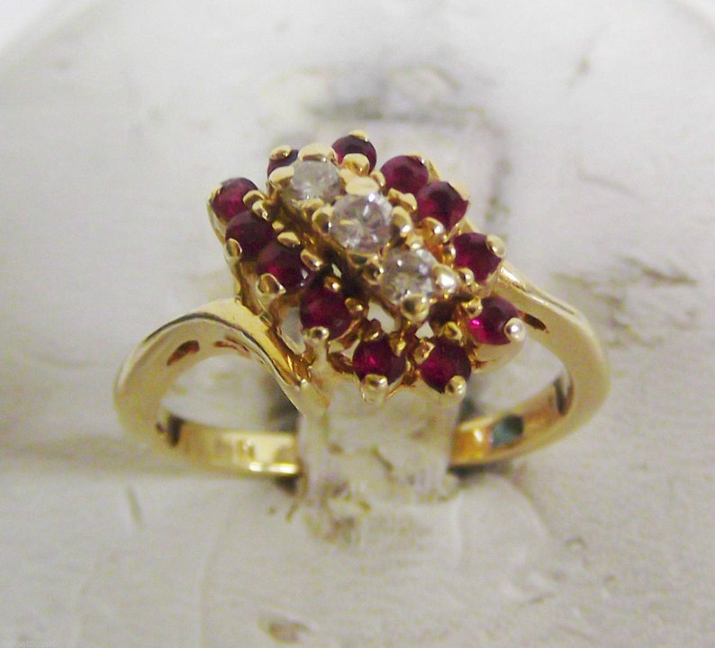 14KP Yellow Gold Diamond & Ruby Cluster Ring Sz 6 Ladies Elegant .53 Tcw JD 3.4g - Etsy