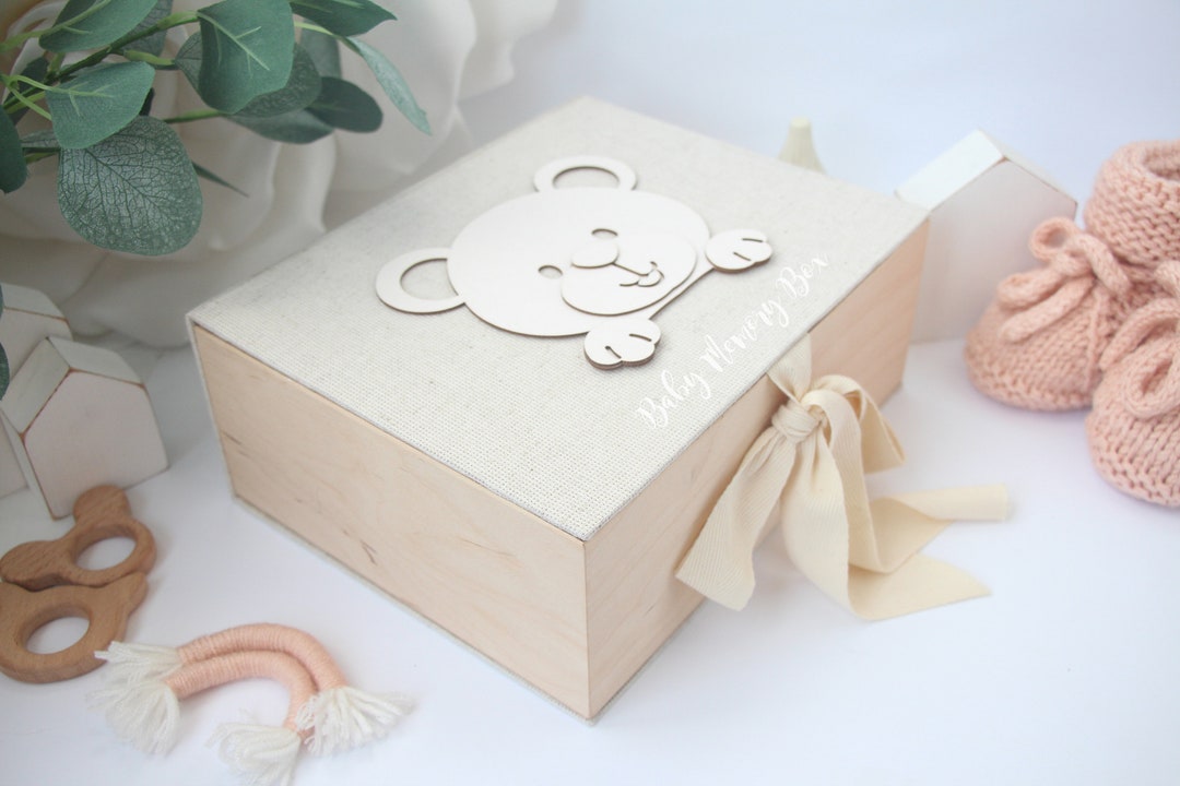 Memory Baby Box Bear Personalized Linen Baby Keepsake Box Wooden New ...