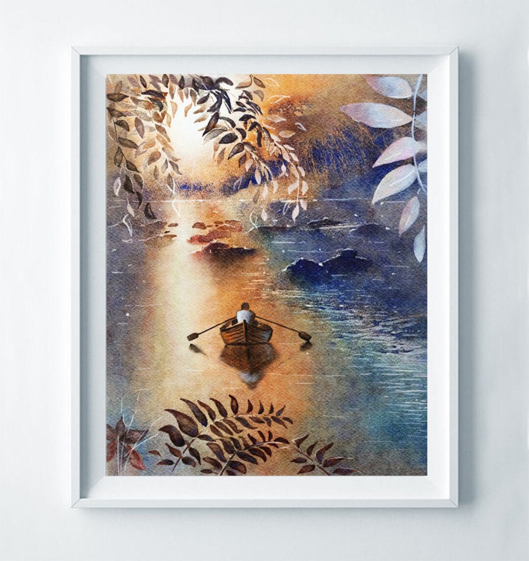 Rowboat Art Print, Seascape, Landscape Art, Watercolor Painting, Lake ...