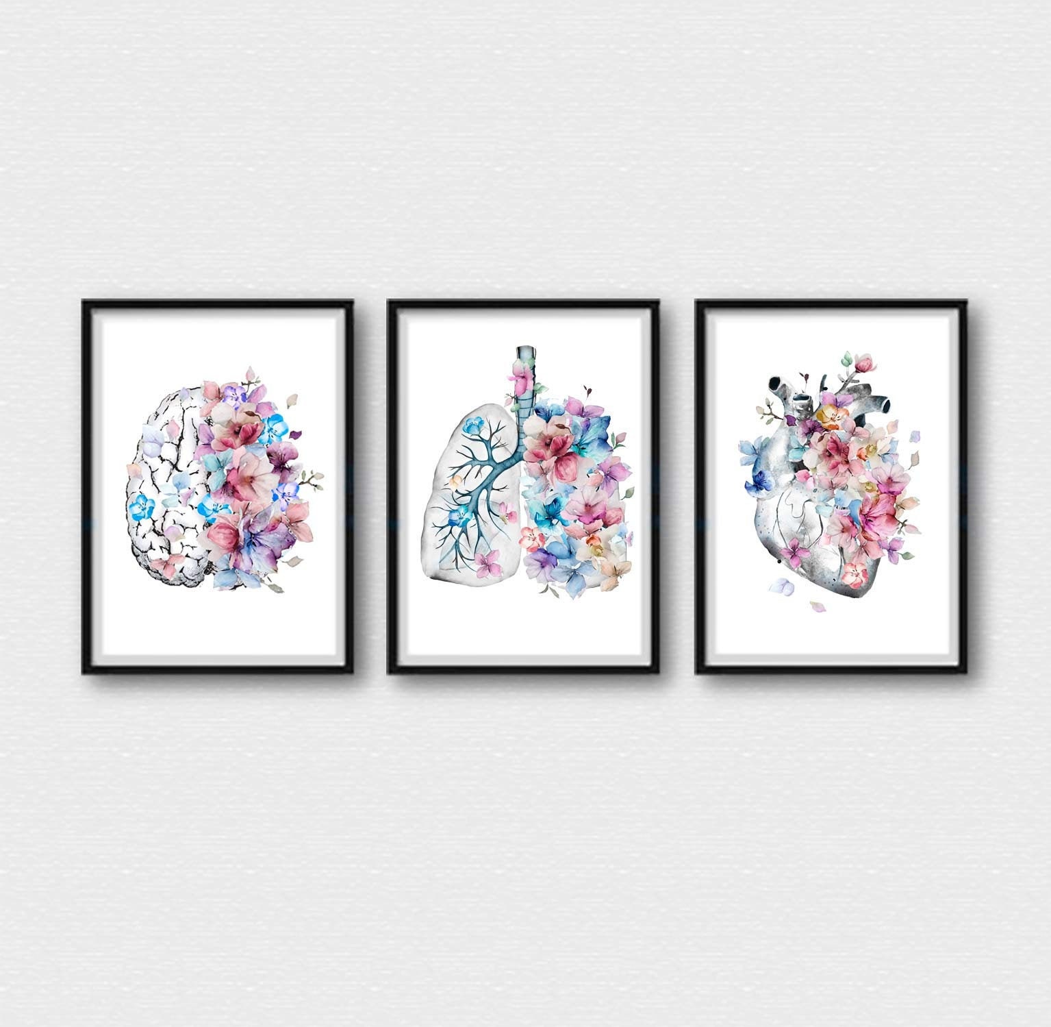 Human Brain Heart Lungs Set of 3 Watercolor Prints Anatomy Wall Art ...