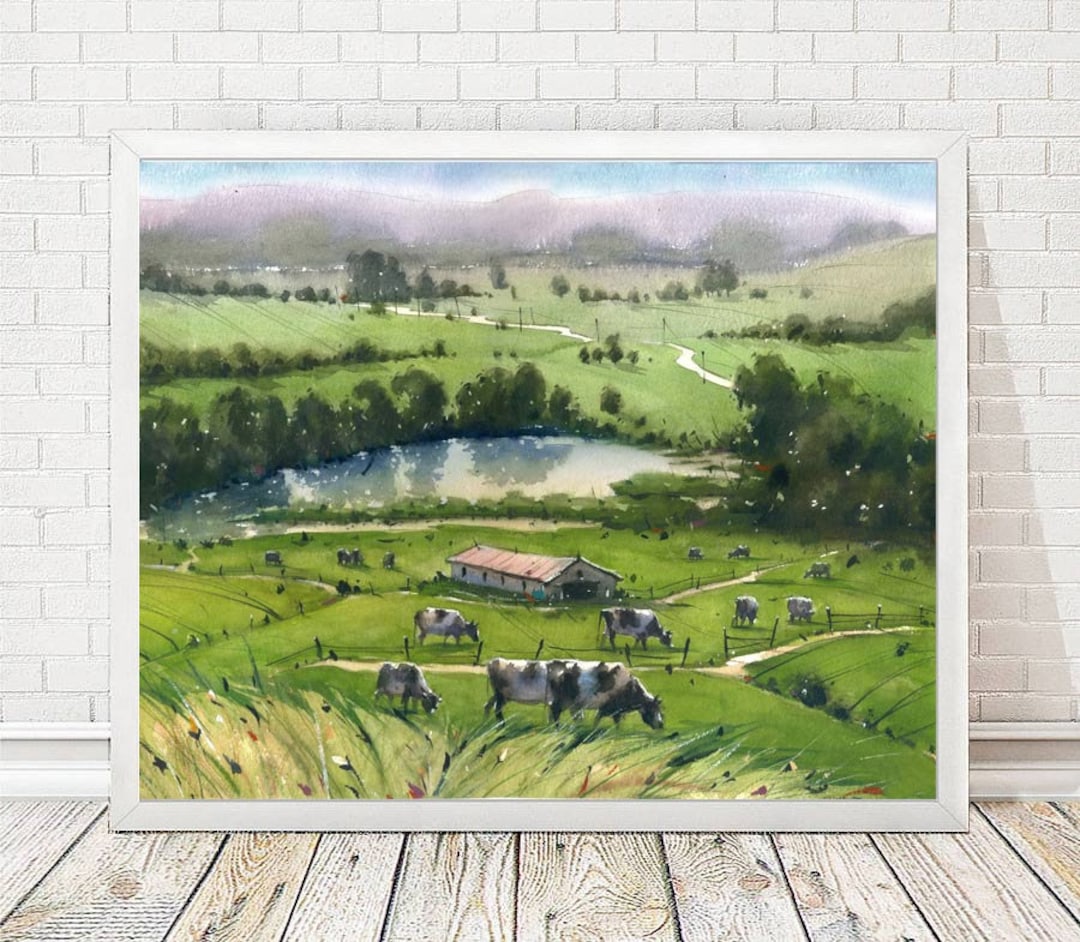 Farm Landscape Art Print, Cows in the Pasture Wall Art, Rustic ...