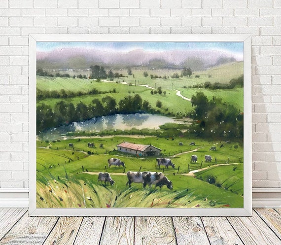 Farm Landscape Art Print Cows in the Pasture Wall Art Rustic - Etsy