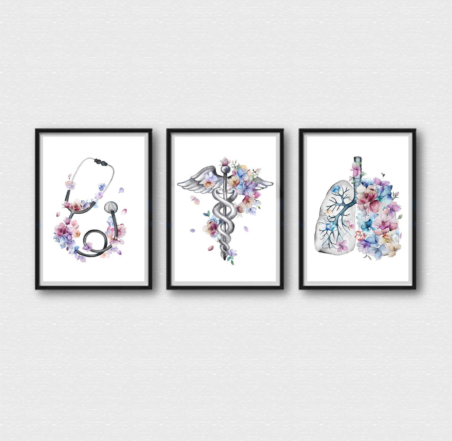 Stethoscope Caduceus Lungs Print Set Anatomy Art Posters | Etsy