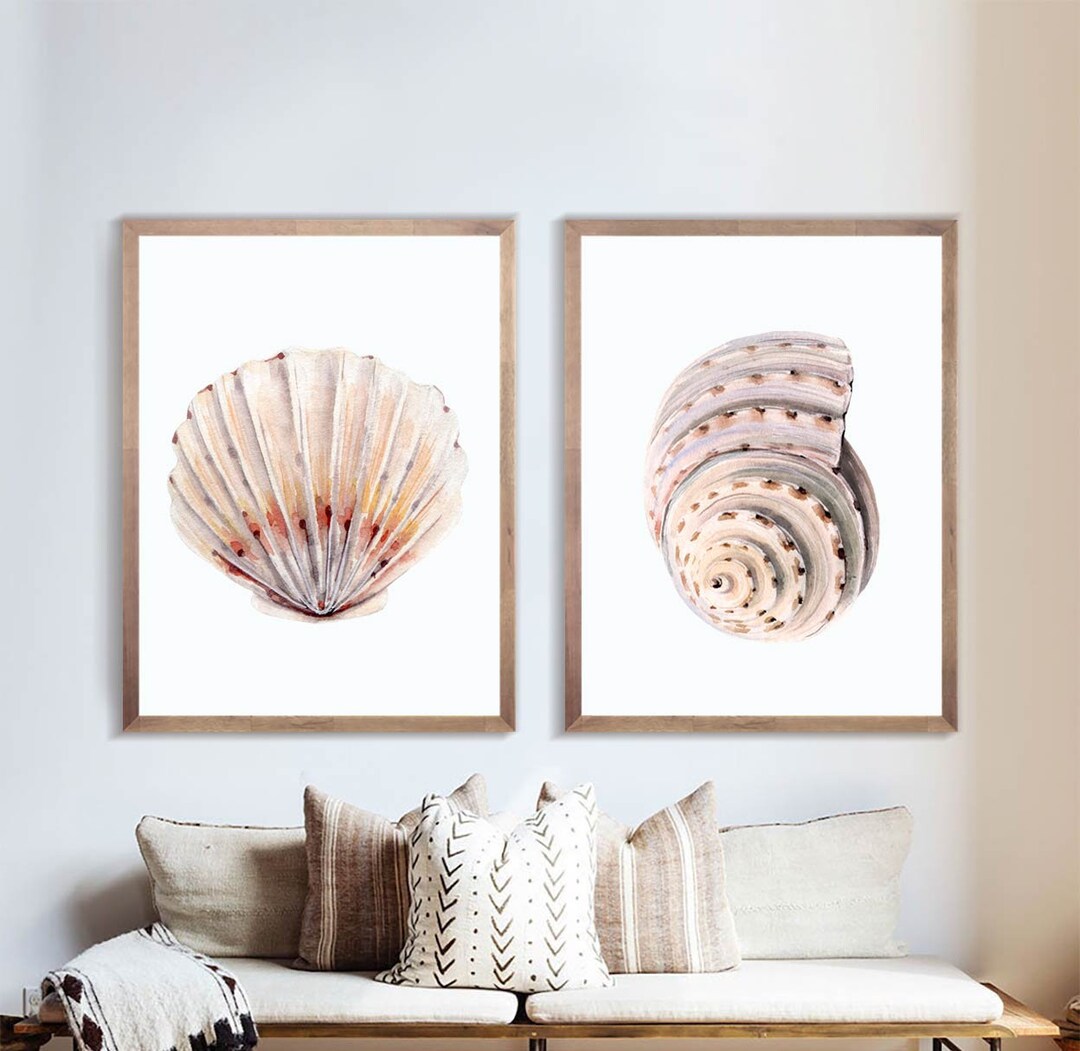 Set of 2 Watercolor Seashells Art Prints, Sea Shells Pink Wall Painting ...