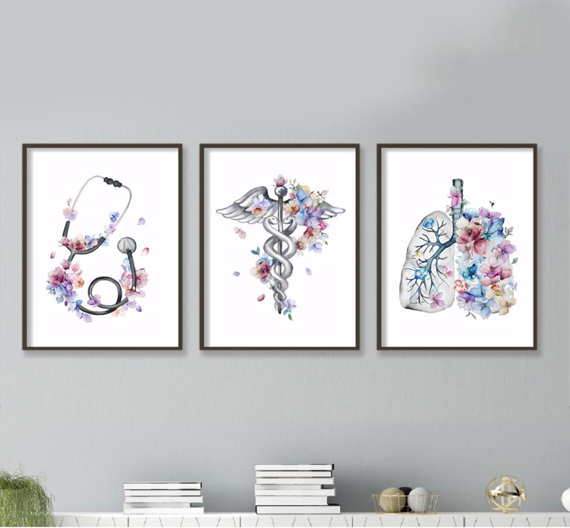 Stethoscope Caduceus Lungs Print Set, Anatomy Art Posters, Medical Wall ...