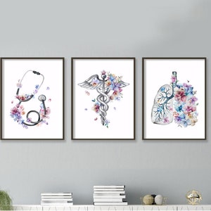 Stethoscope Caduceus Lungs Print Set, Anatomy Art Posters, Medical Wall ...