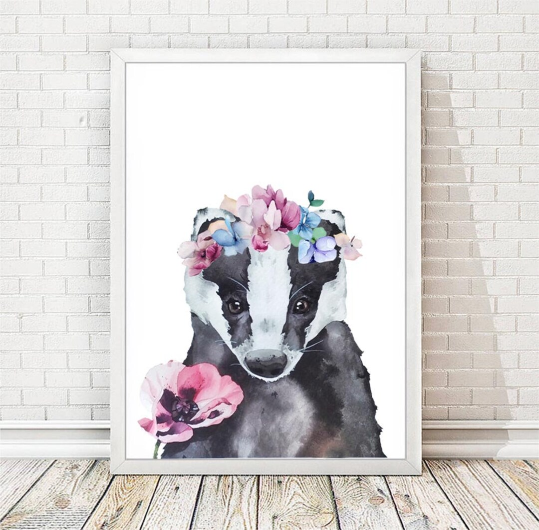 Badger Art Print Badger Floral Wall Decor Badger Painting Woodland ...