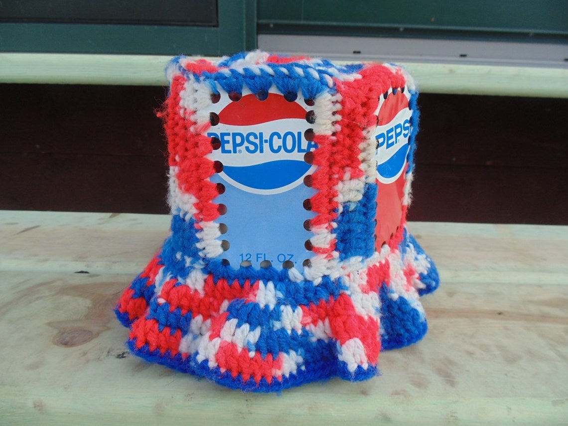Vintage 1970s PEPSI Hat, Soda Can Hat, Handmade Crocheted Knitted Red ...