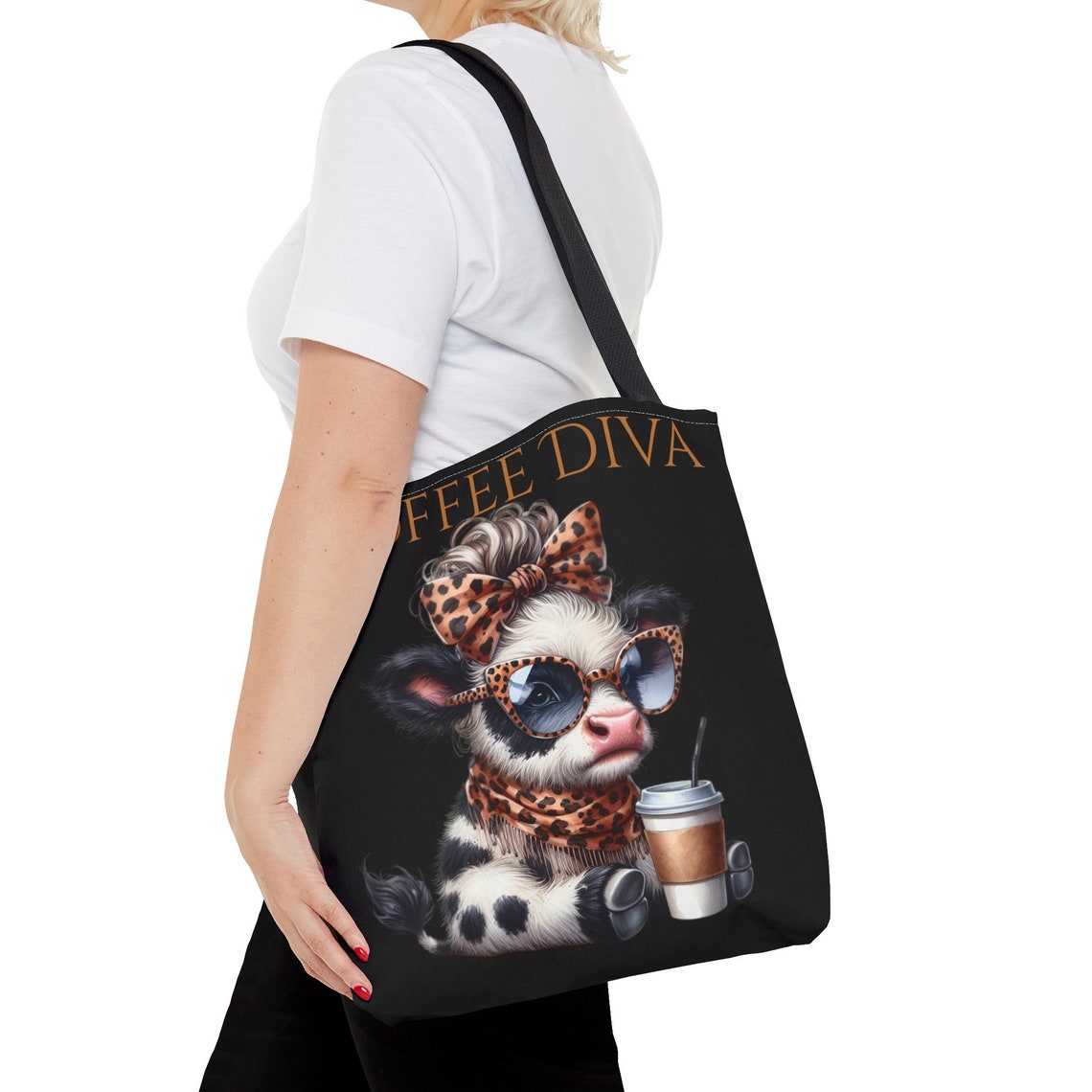 16"x16" Cute Black Leopard Coffee Diva Cow Tote Bag (AOP) - Etsy