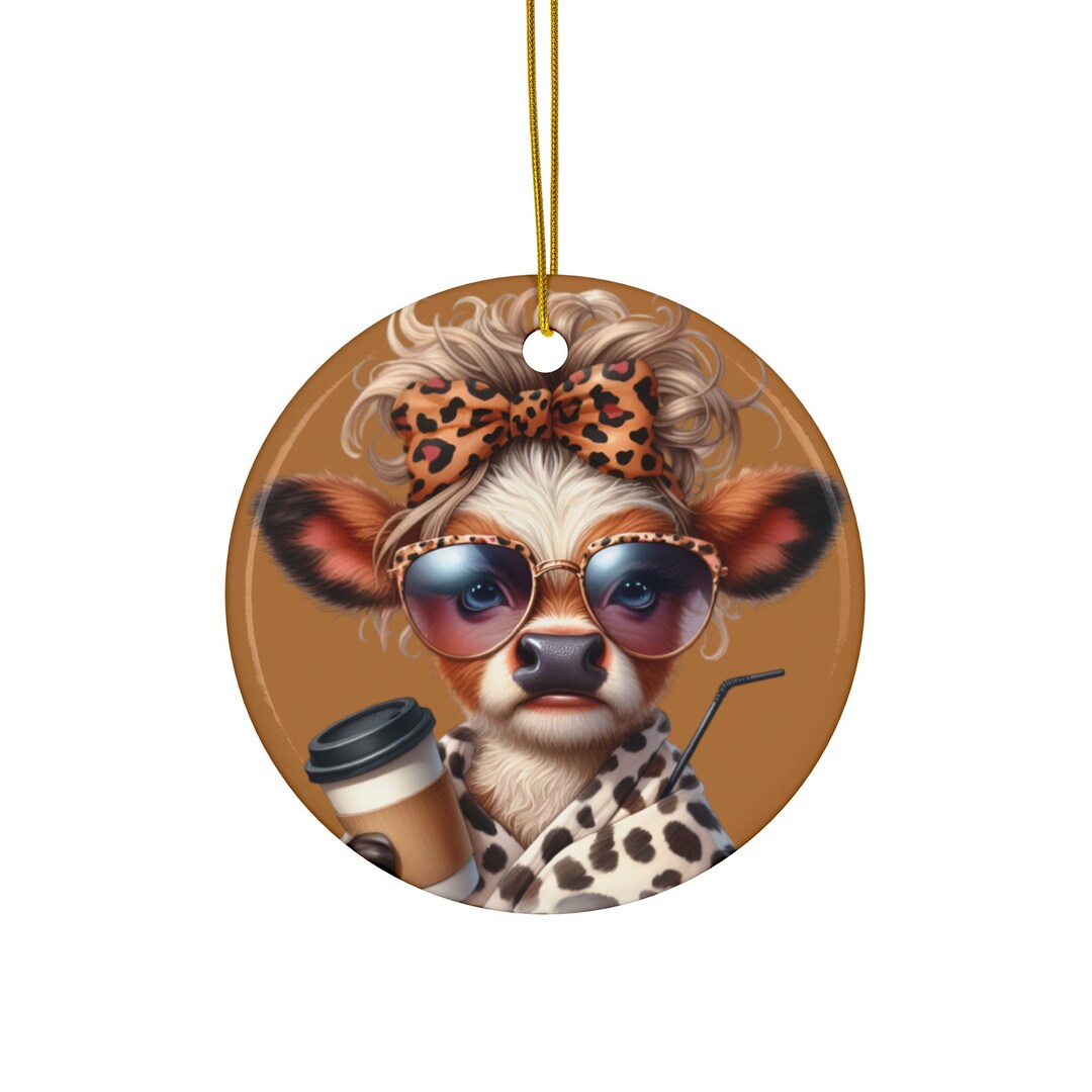Cow Diva Ceramic Ornament, Girl With Leopard Bow, Double-sided Print - Etsy