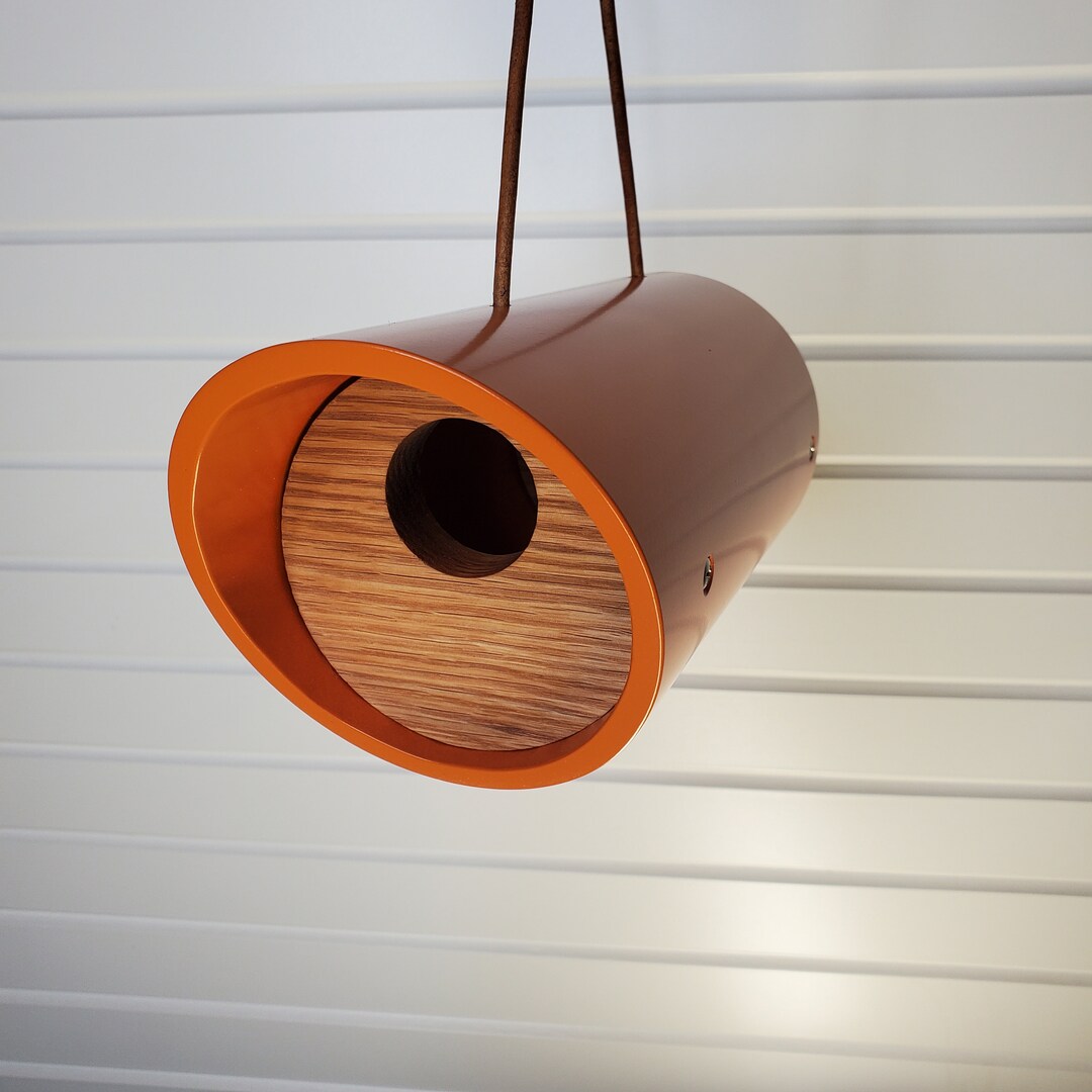 Modern Rustic Orange Hanging Round Tube Birdhouse Solid Oak Upcycle - Etsy