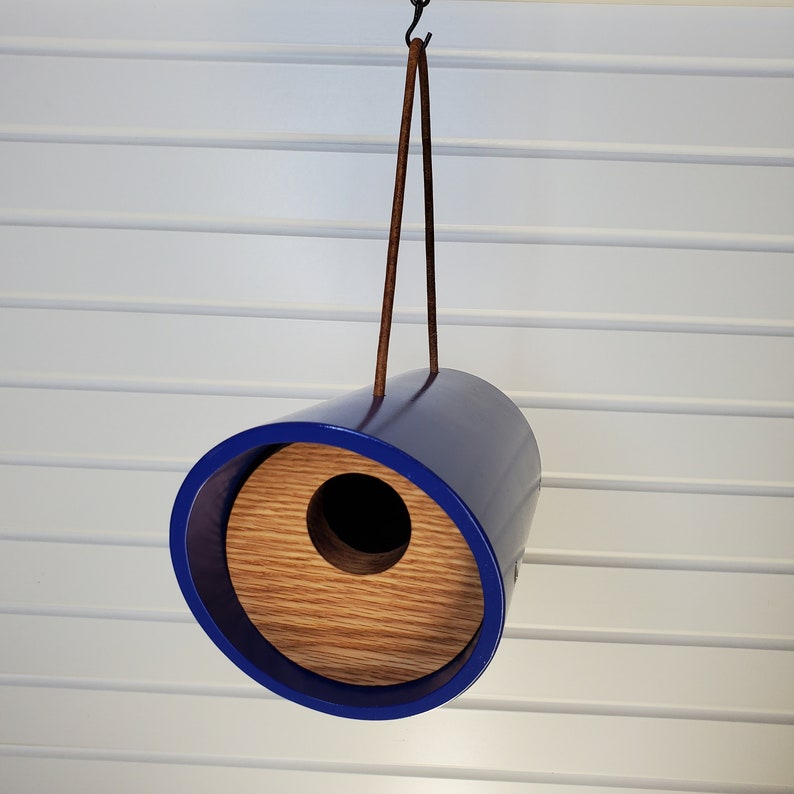 Modern Blue Hanging Round Tube Birdhouse Solid Oak Upcycle - Etsy