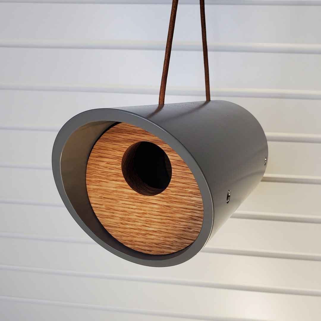 Modern Granite Gray Grey Hanging Round Tube Birdhouse Solid Oak Upcycle ...