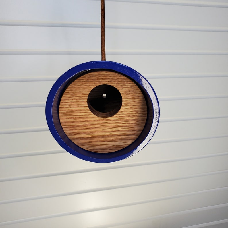 Modern Blue Hanging Round Tube Birdhouse Solid Oak Upcycle - Etsy