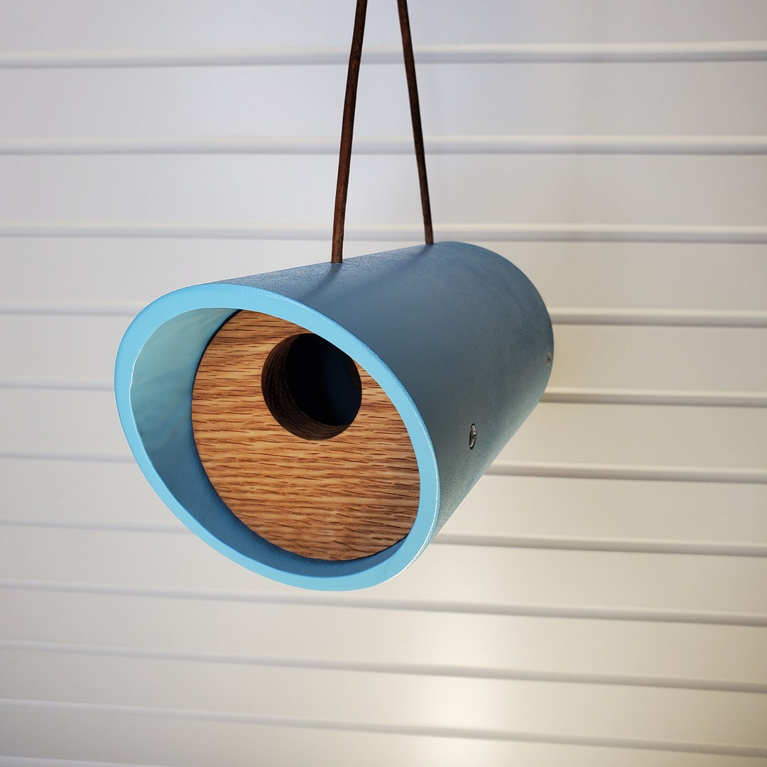 Modern Aqua Hanging Round Tube Birdhouse Solid Oak Upcycle - Etsy