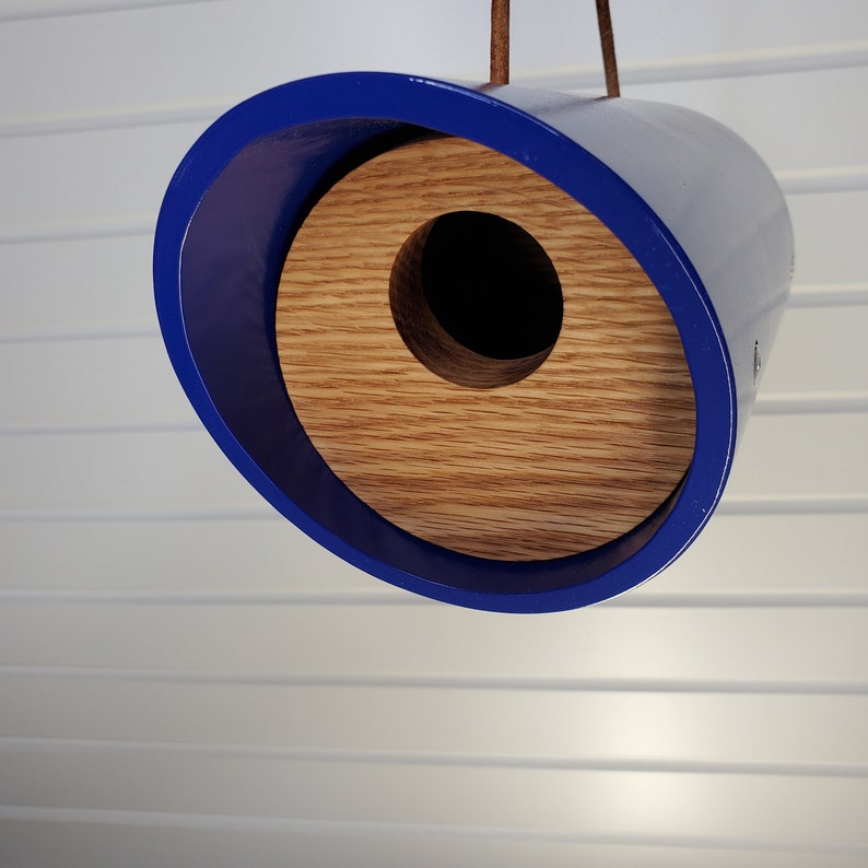 Modern Blue Hanging Round Tube Birdhouse Solid Oak Upcycle - Etsy