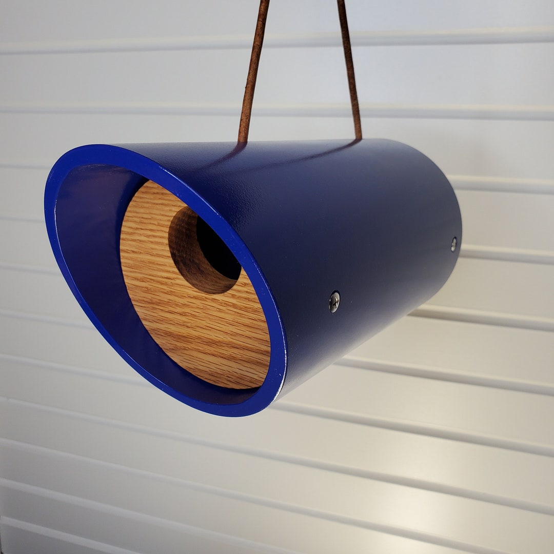 Modern Blue Hanging Round Tube Birdhouse Solid Oak Upcycle - Etsy