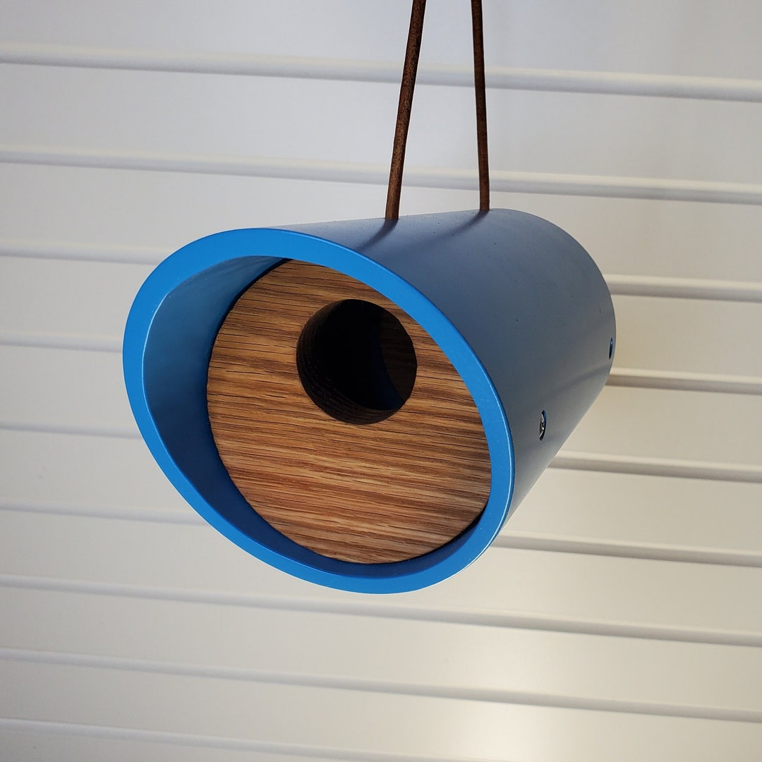 Modern Oasis Blue Hanging Round Tube Birdhouse Solid Oak Upcycle - Etsy